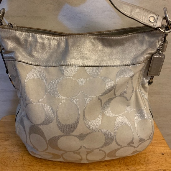 Coach | Bags | Coach Zoe Signature Gray Silver Canvas Leather | Poshmark